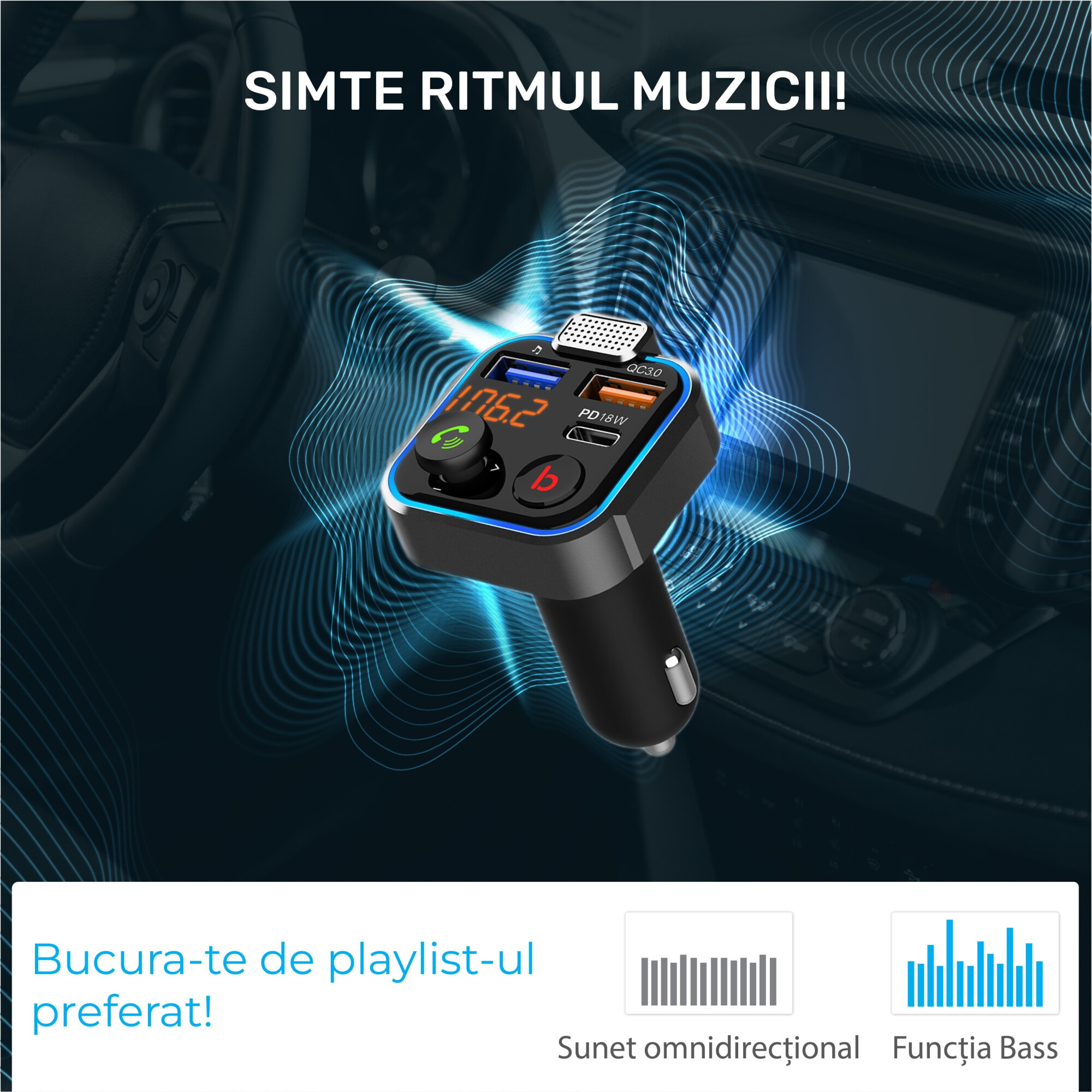 Modulator FM Gemevo® PRO, Bluetooth 5.0, Transmitator FM cu functie de ...