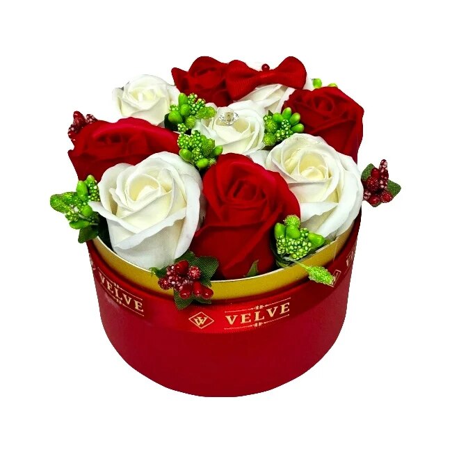 Aranjament floral Sev, in cutie rotunda cu 7 trandafiri din sapun si stamine, Rosu, Diametrul 13 ...