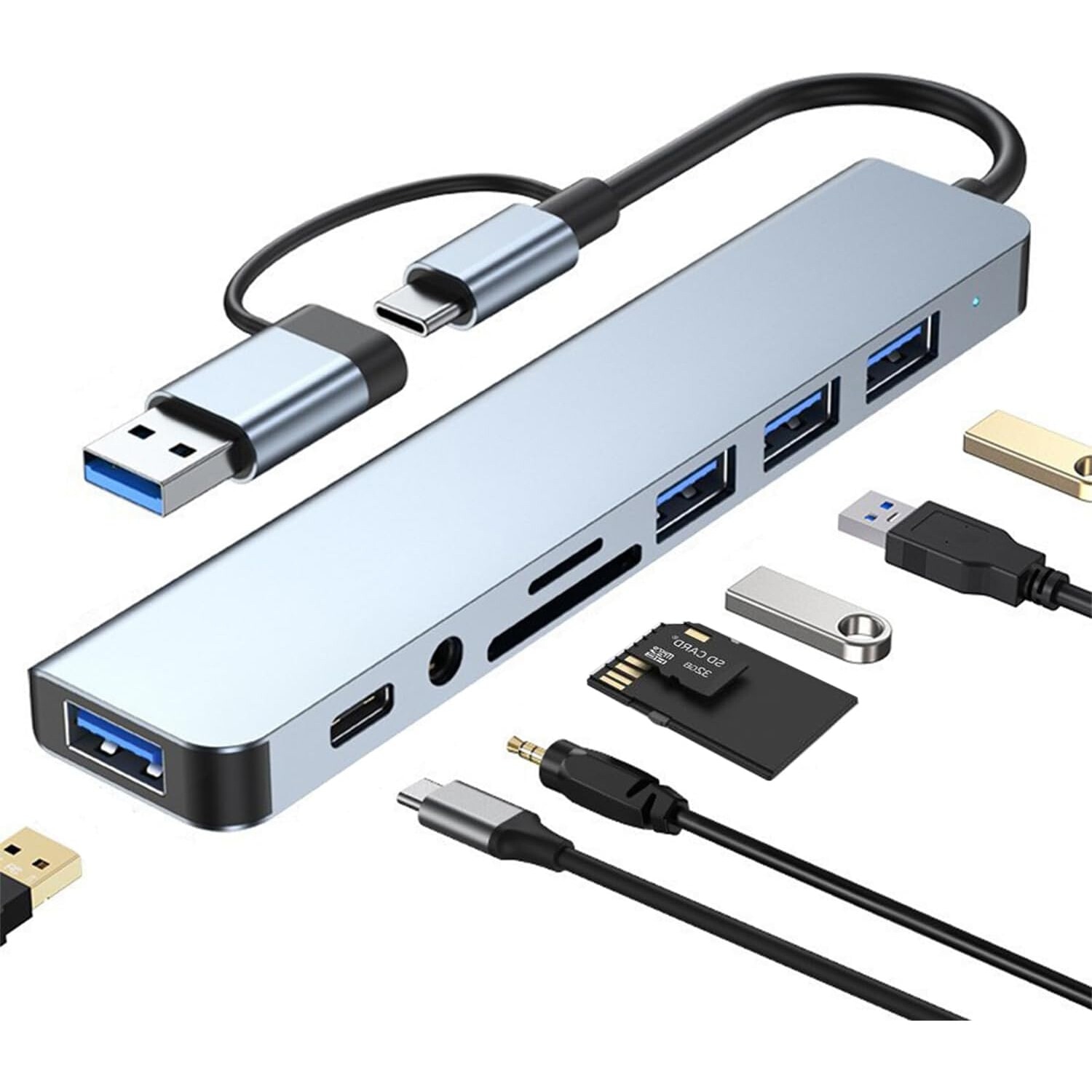 Hub USB 8-in-1, 4 porturi USB, 1 jack USB-C, cititor TF/SD, iesire ...