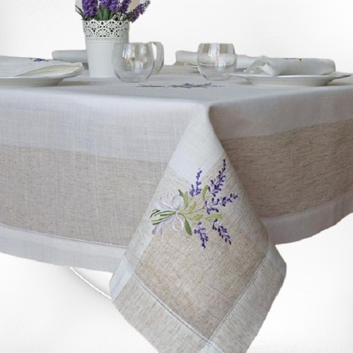 Fata de masa, bej, model brodat cu Lavanda, 150x300cm - eMAG.ro