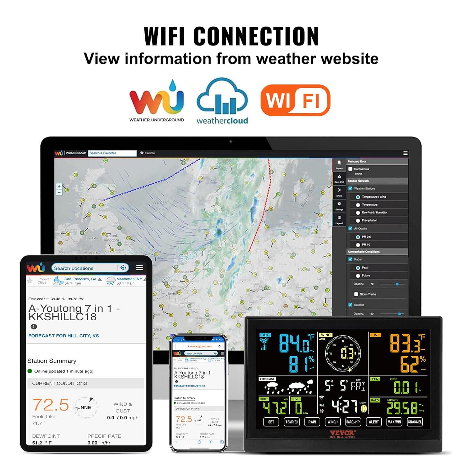 Statie meteo profesionala WiFi cu panou solar, afisaj LCD 7, 5 inch ...