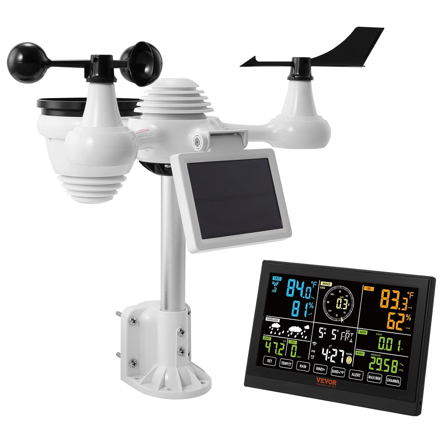 Statie meteo profesionala WiFi cu panou solar, afisaj LCD 7, 5 inch ...