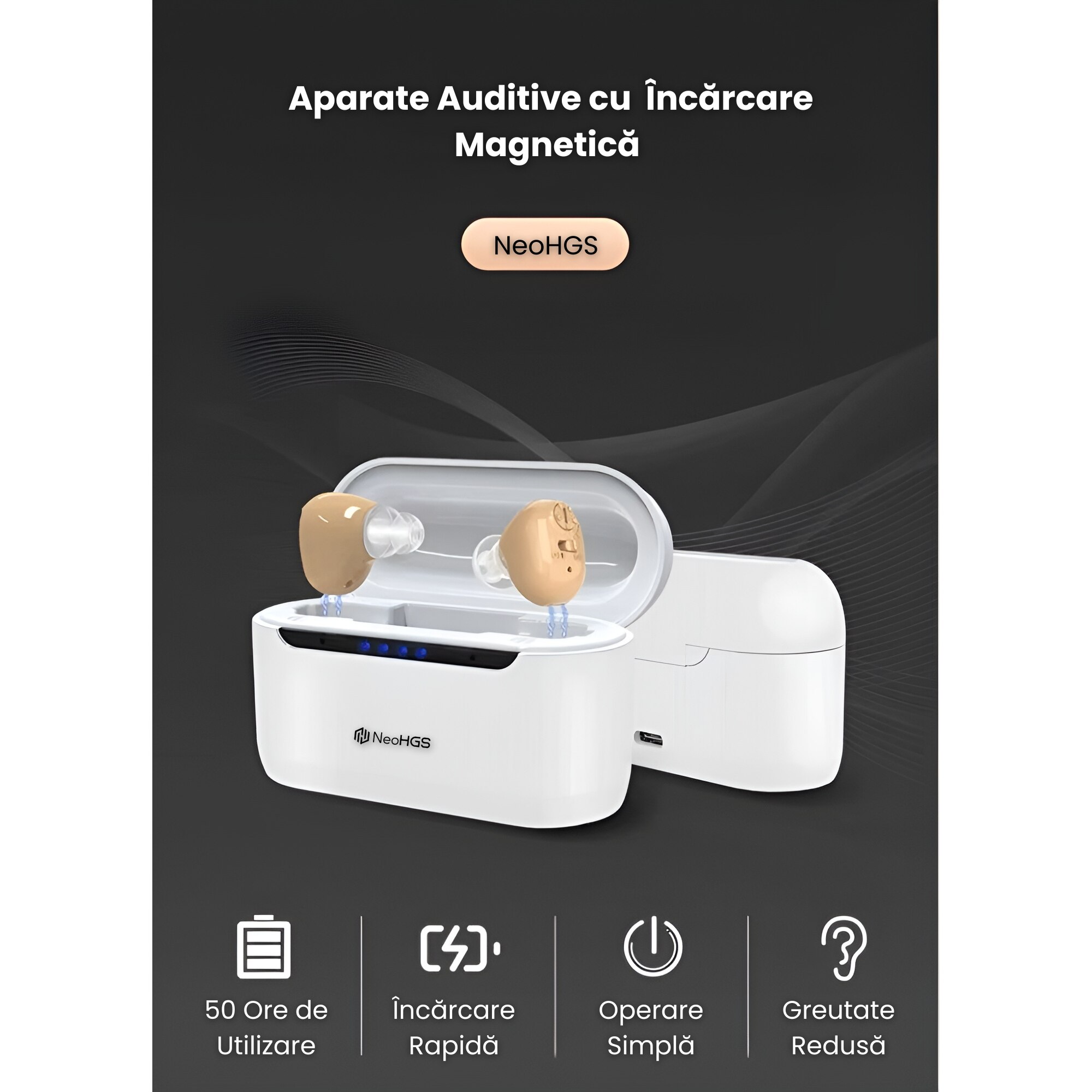 Aparat Auditiv x2 NeoHGS, Sunet Clar, 50 Ore de Utilizare, Incarcare ...