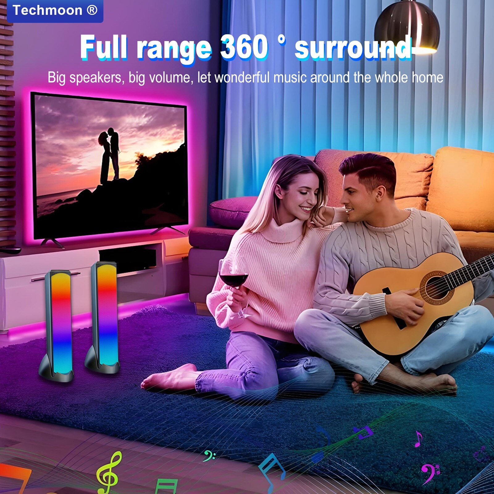 Boxe gaming 2.0, Techmoon®, LED-RGB, stereo, buton de volum, telecomanda, Bluetooth 5.1, Usb-in ...