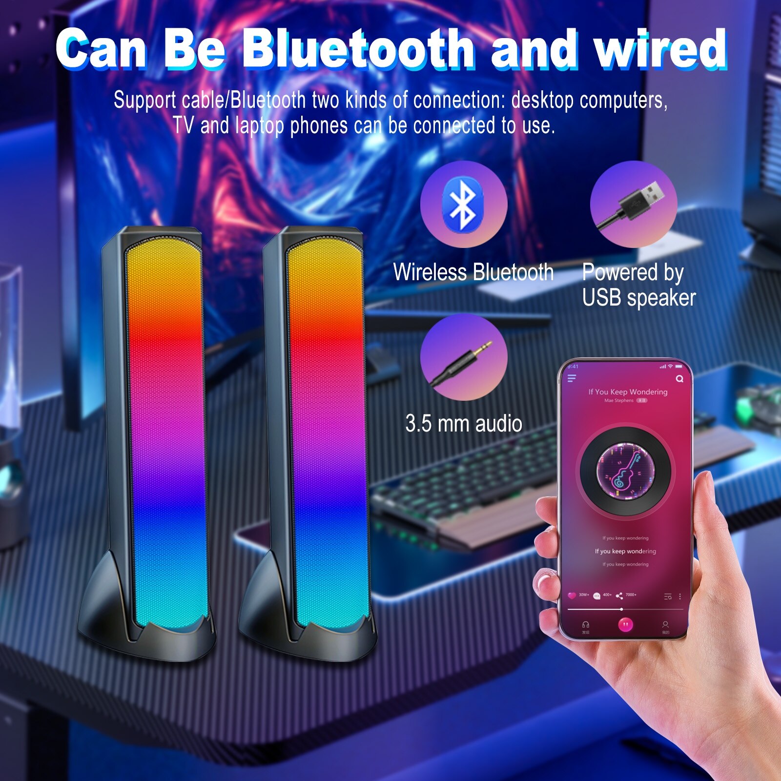 Boxe gaming 2.0, Techmoon®, LED-RGB, stereo, buton de volum ...