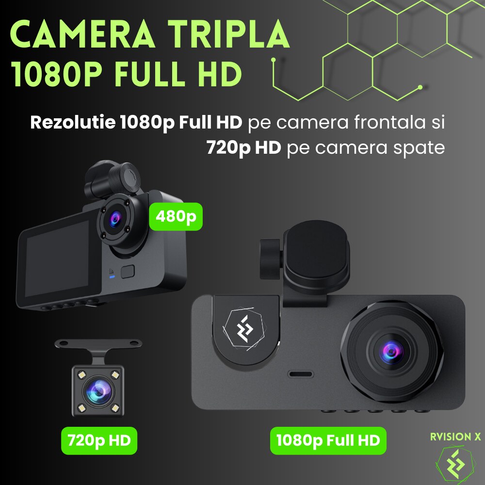 Camera Auto tripla DVR Evolve-x® RVision X1, de bord, Wi-Fi, FullHD ...