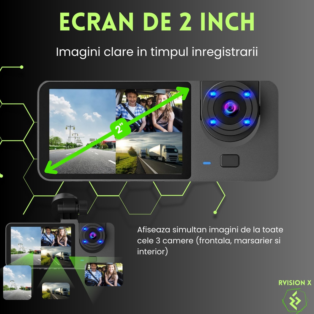 Camera Auto tripla DVR Evolve-x® RVision X1, de bord, Wi-Fi, FullHD ...