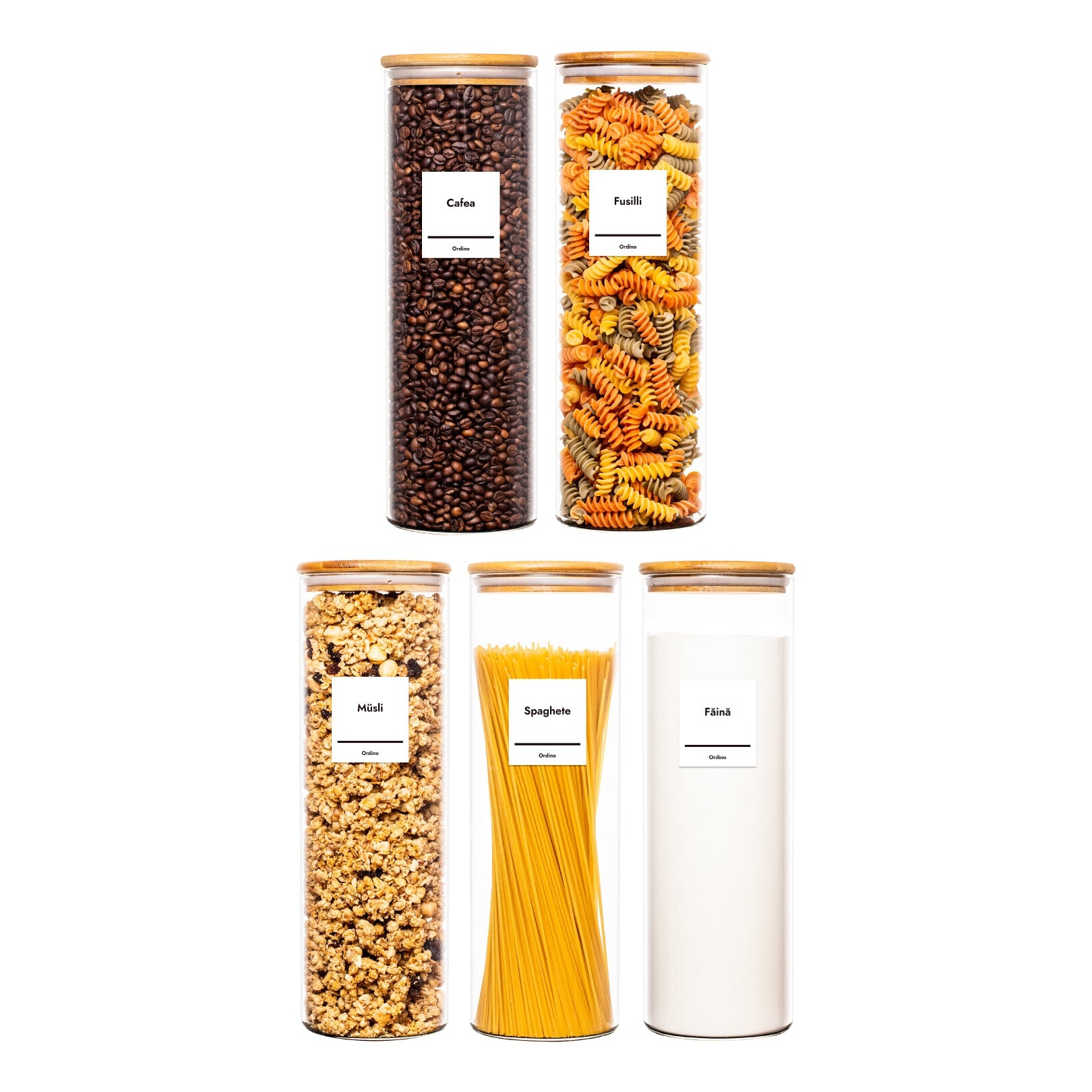 Set 5 recipiente depozitare alimente, Ordino, 0.65L, sticla, capac ...