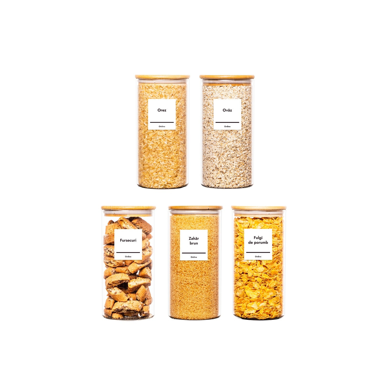 Set 5 recipiente depozitare alimente, Ordino, 1.3L, sticla, capac ...