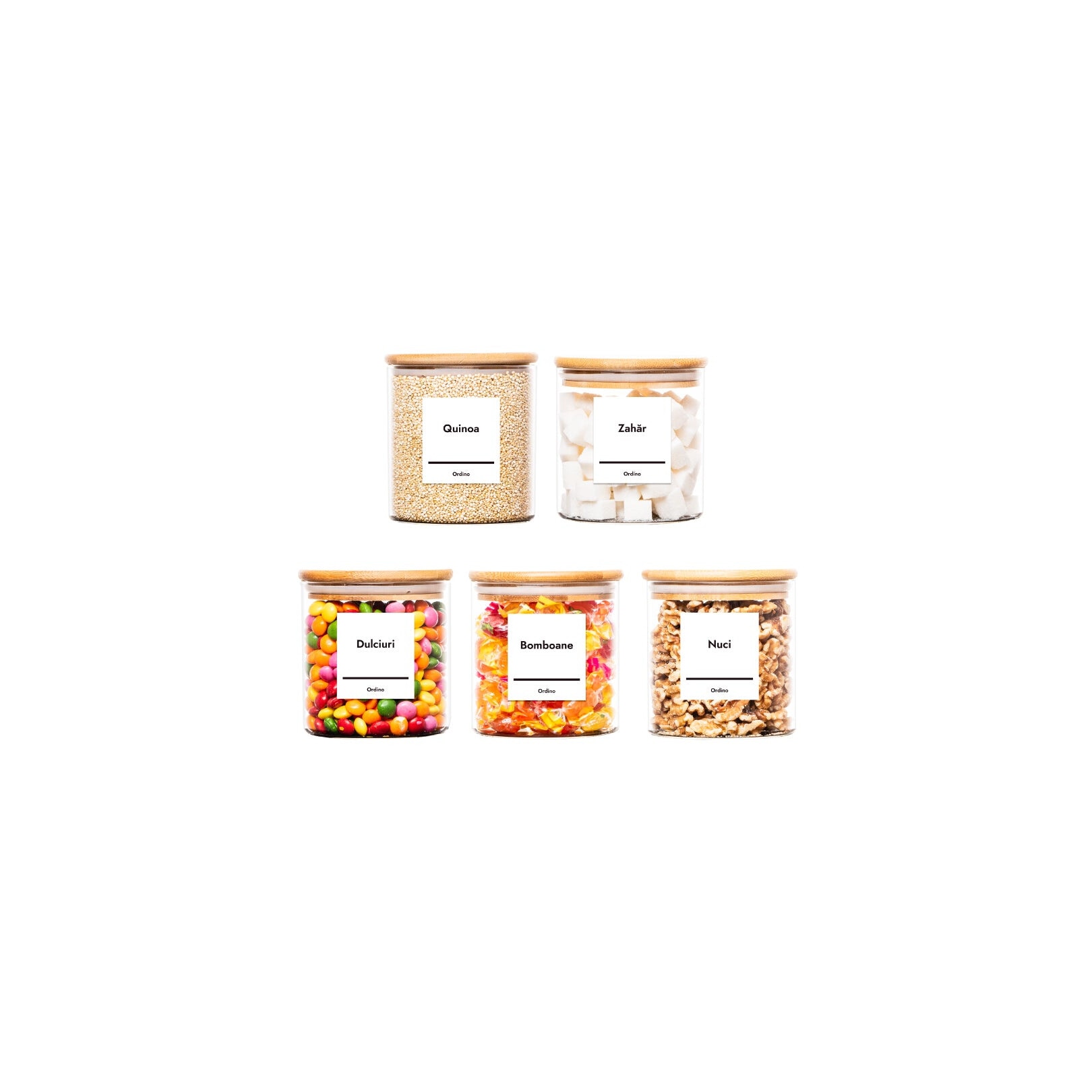 Set 5 recipiente depozitare alimente, Ordino, 0.65L, sticla, capac ...