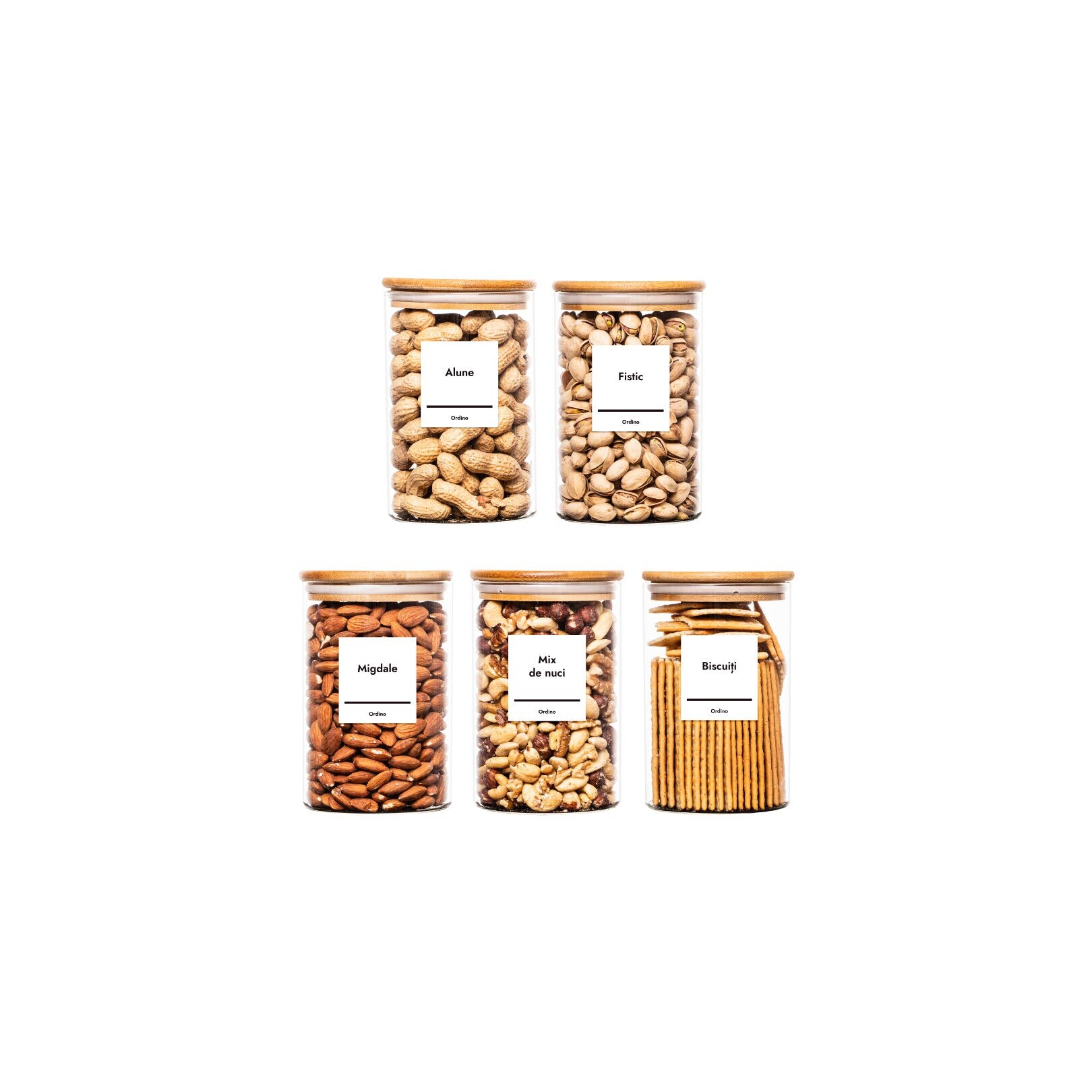 Set 5 recipiente depozitare alimente, Ordino, 1L, sticla, capac bambus ...