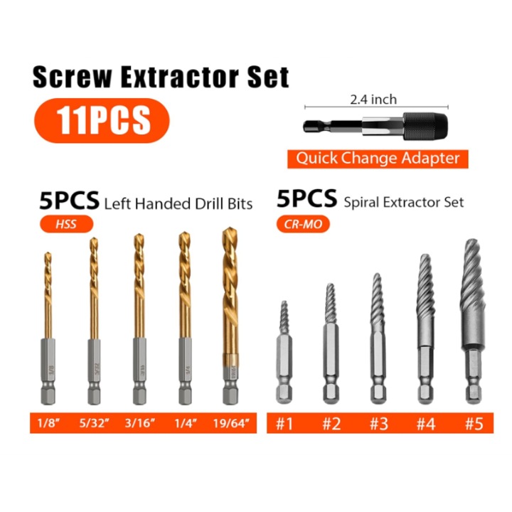 Set extractor suruburi Yakumuz, 11 piese, spirale si burghie stanga ...