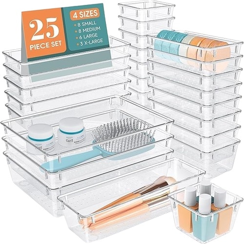 Set organizatoare sertar 25 buc, 4 dimensiuni, plastic transparent ...