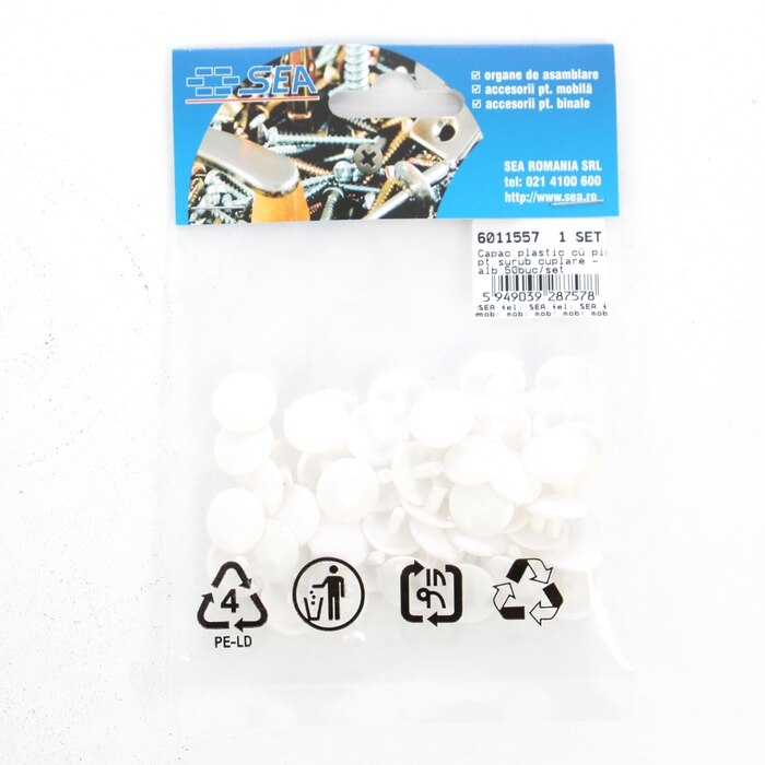 Capac plastic, cu pin, pentru mascare suruburi de cuplare, alb, set 50 ...