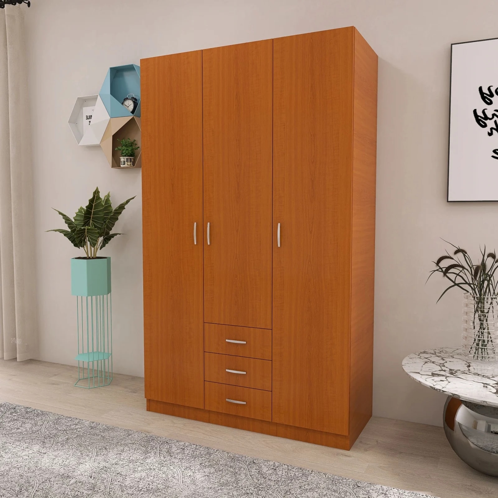 Dulap cu 3 usi si 3 Sertare, 200x120x50, Culoare Cires din Pal de 18 mm ...