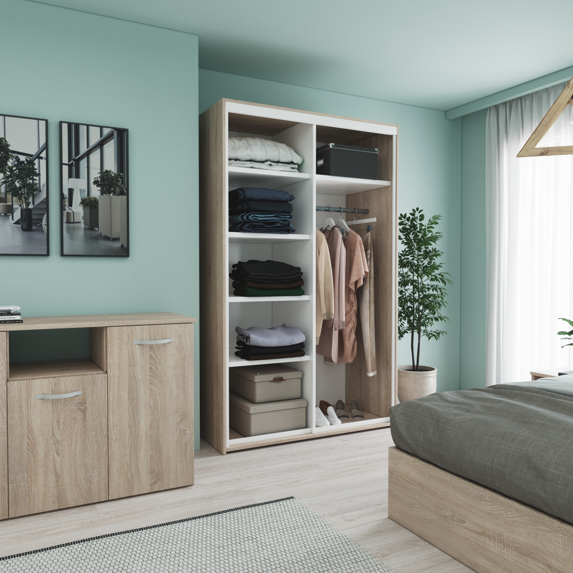 Dressing cu 2 Usi Glisante, Culoare Sonoma, H200x120x60cm, bara de ...