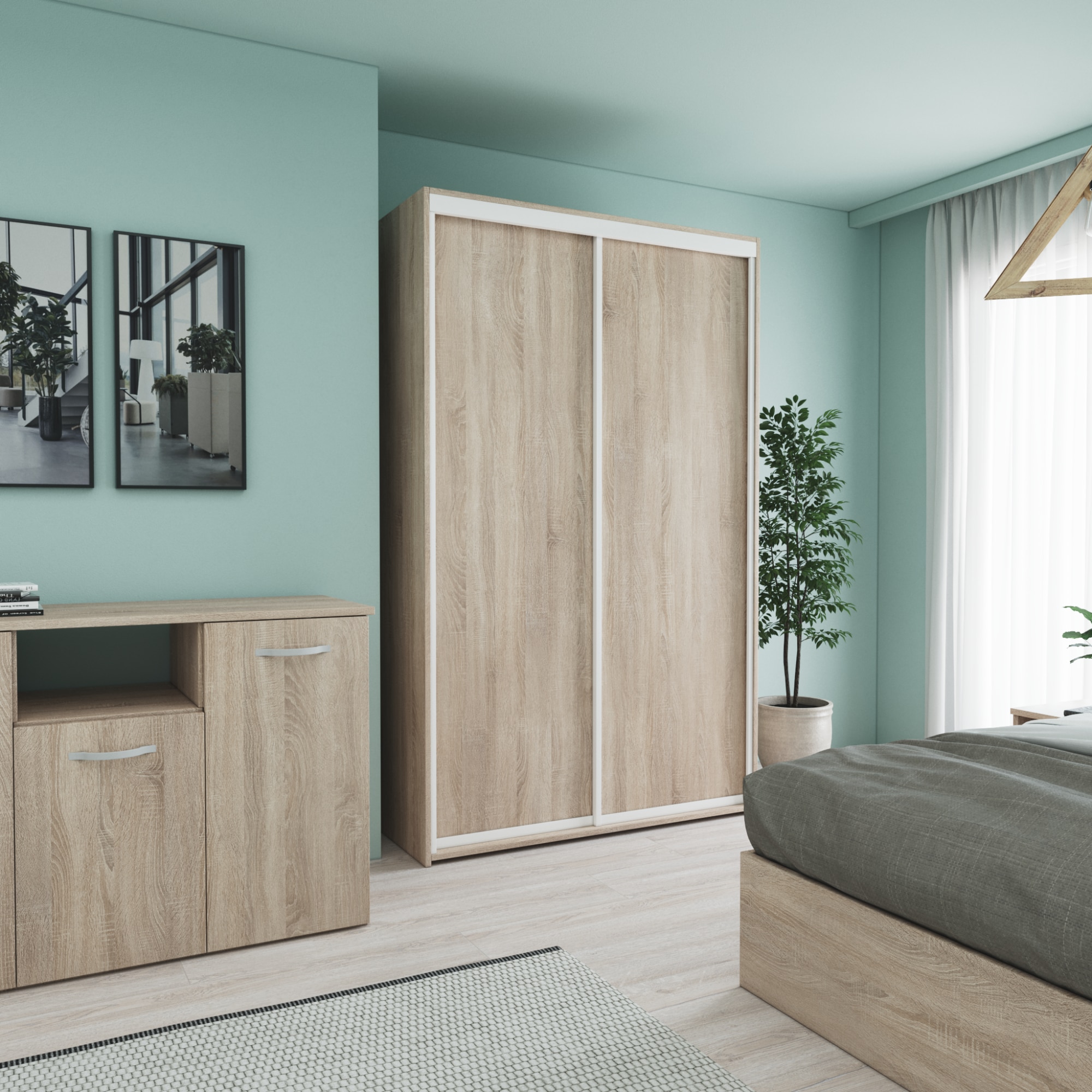 Dressing cu 2 Usi Glisante, Culoare Sonoma, H200x120x60cm, bara de ...