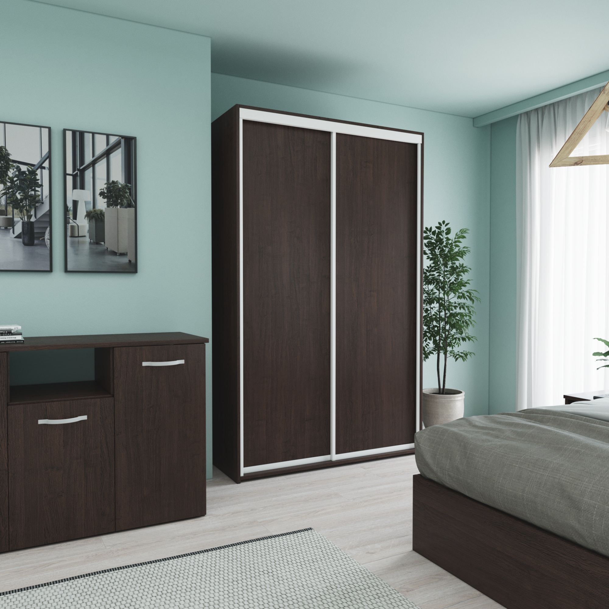 Dressing cu 2 Usi Glisante, Culoare Wenge, H200x120x60cm, bara de ...