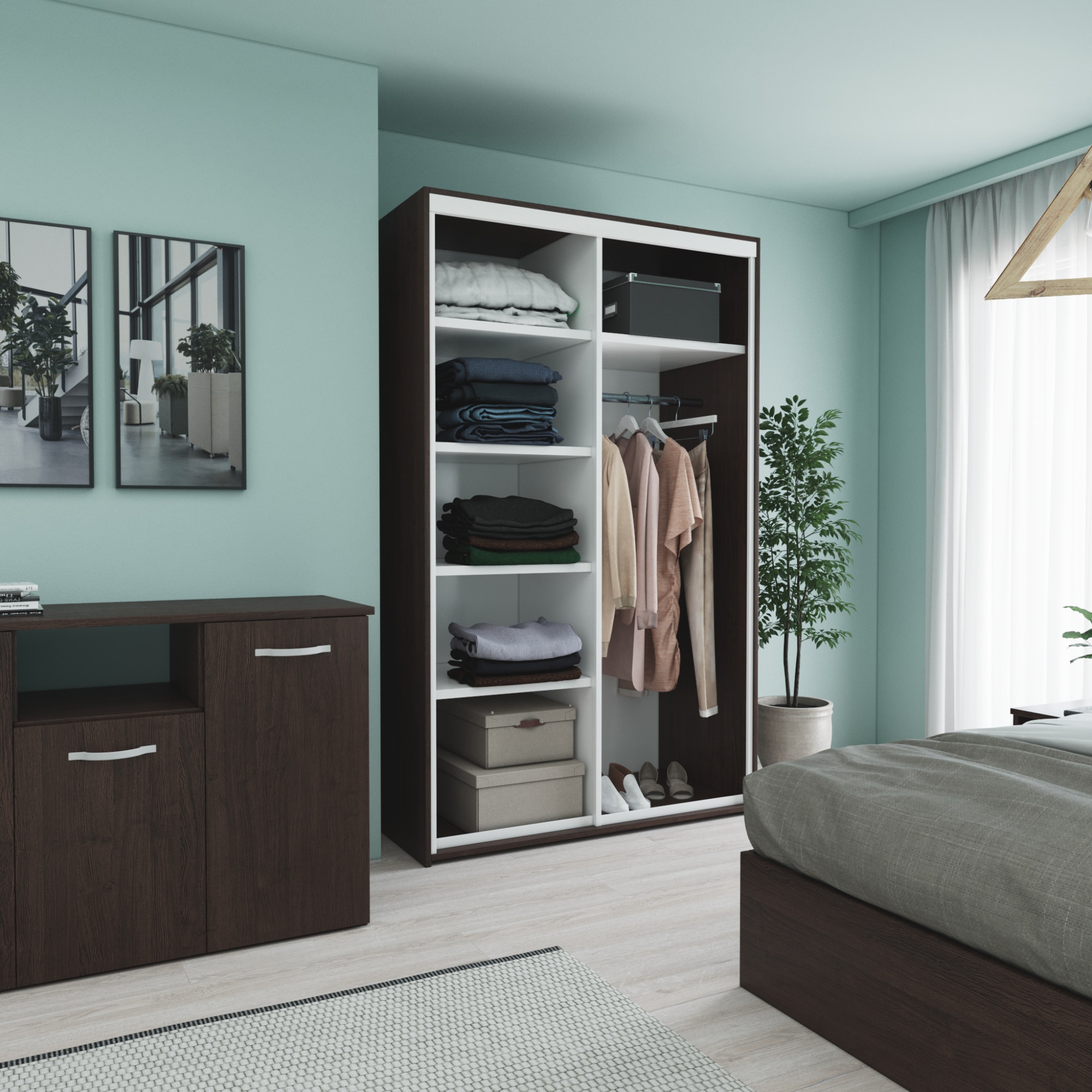 Dressing cu 2 Usi Glisante, Culoare Wenge, H200x120x60cm, bara de ...