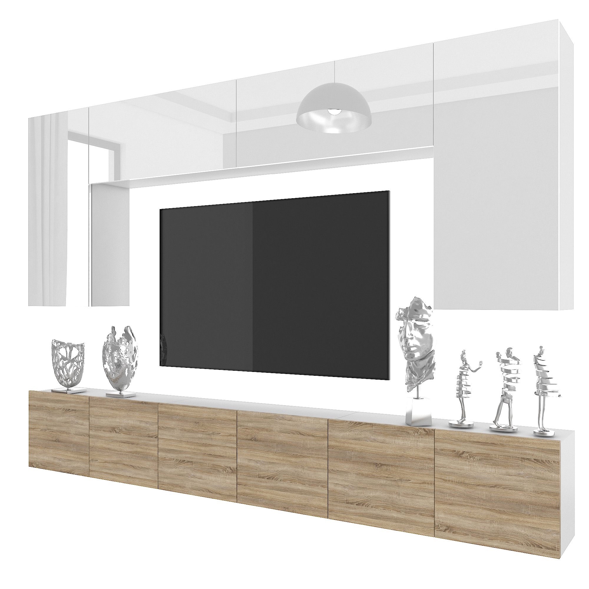 Set mobila living Belini Milano, alb/sonoma, 7 dulapuri, 11 usi, 2 ...