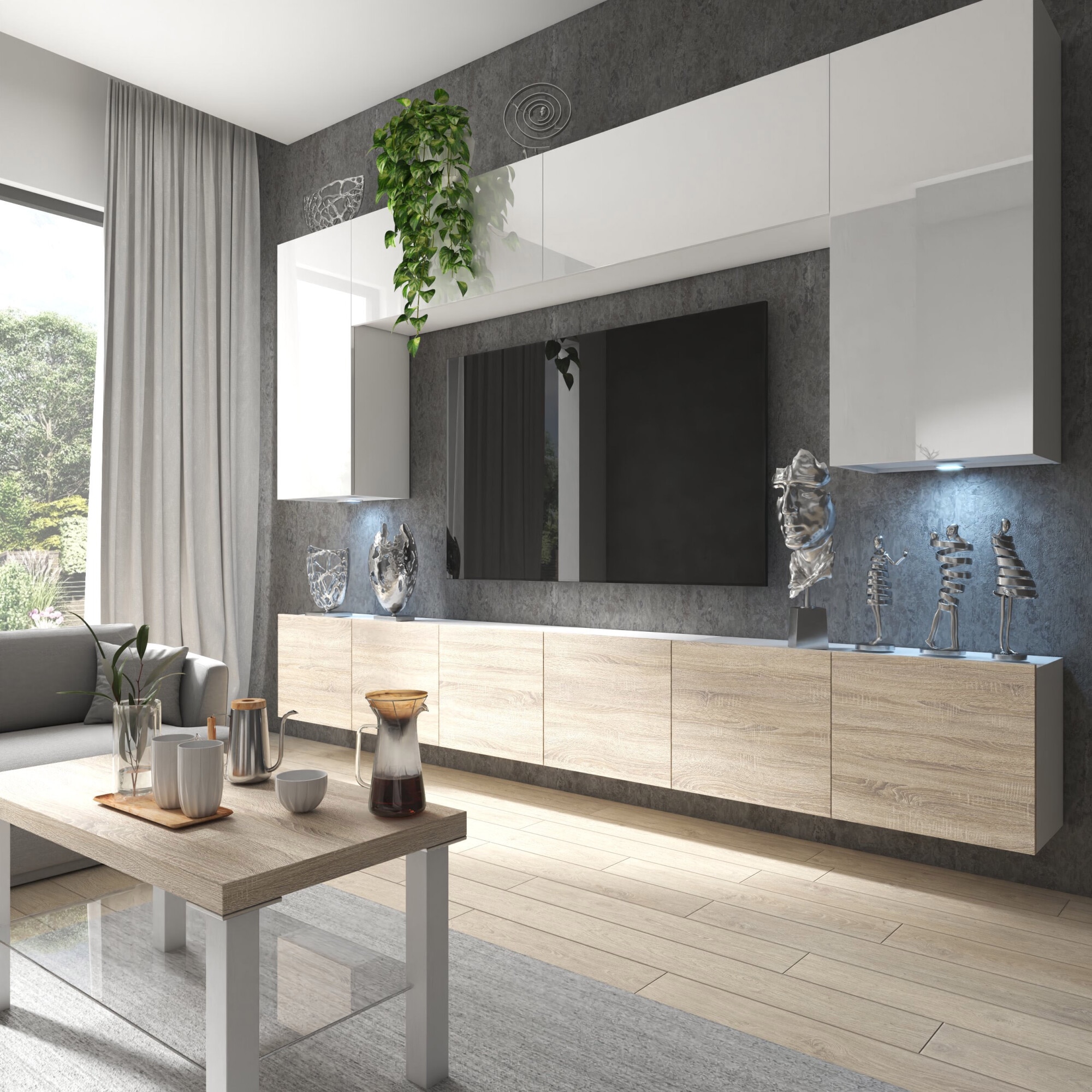 Set mobila living Belini Milano, alb/sonoma, 7 dulapuri, 11 usi, 2 ...