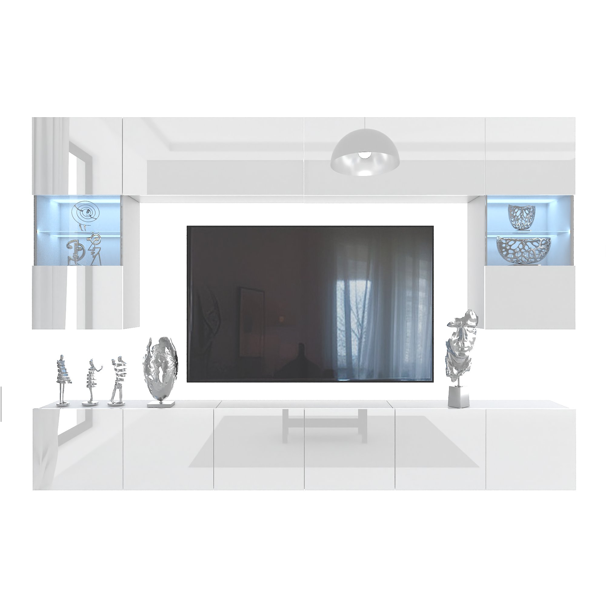 Set Mobila Living Belini Milano, Lucios, Alb, 7 Dulapuri, 11 Usi, 2 ...