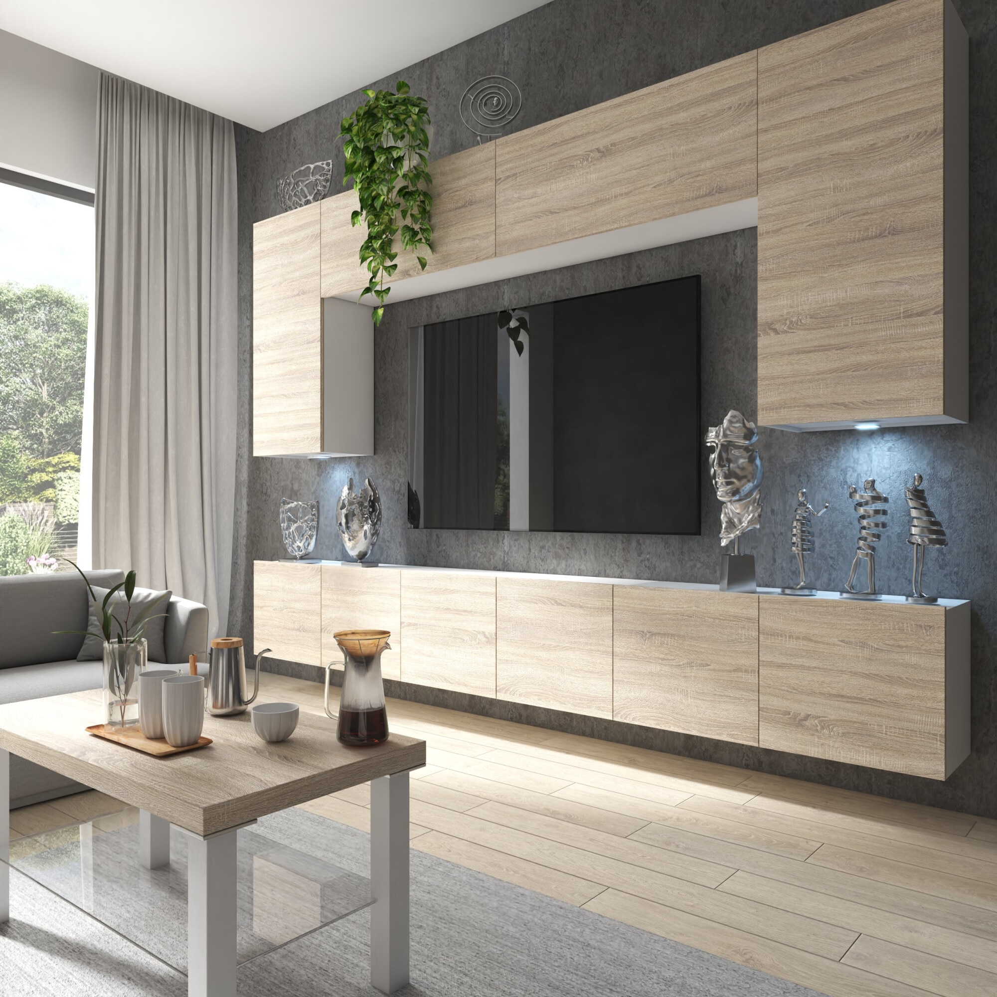 Set mobila living Belini Milano, 7 dulapuri, 11 usi, 2 rafturi, stejar ...