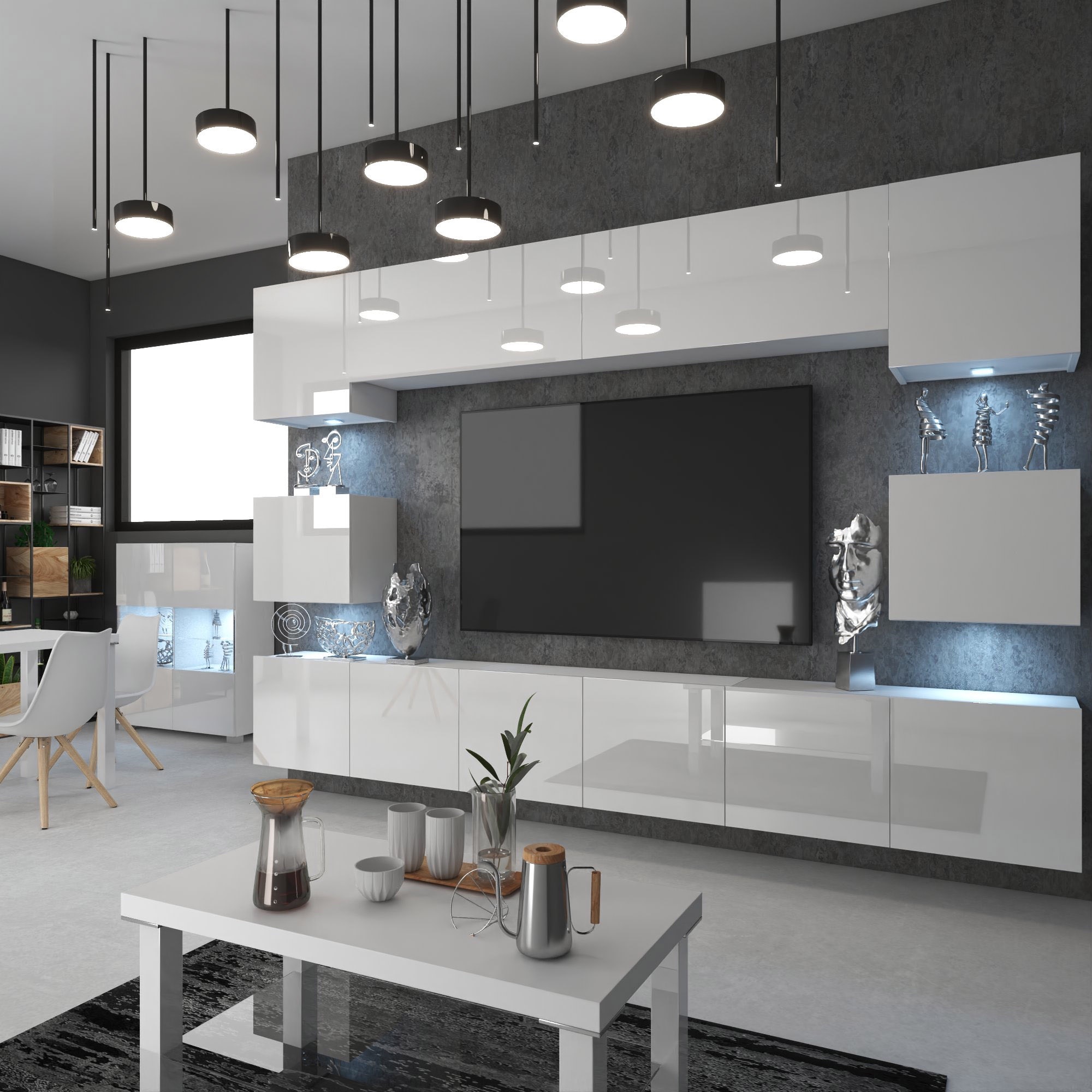 Set mobila living Milano Belini, alb, 9 dulapuri, 12 usi, 2 rafturi ...