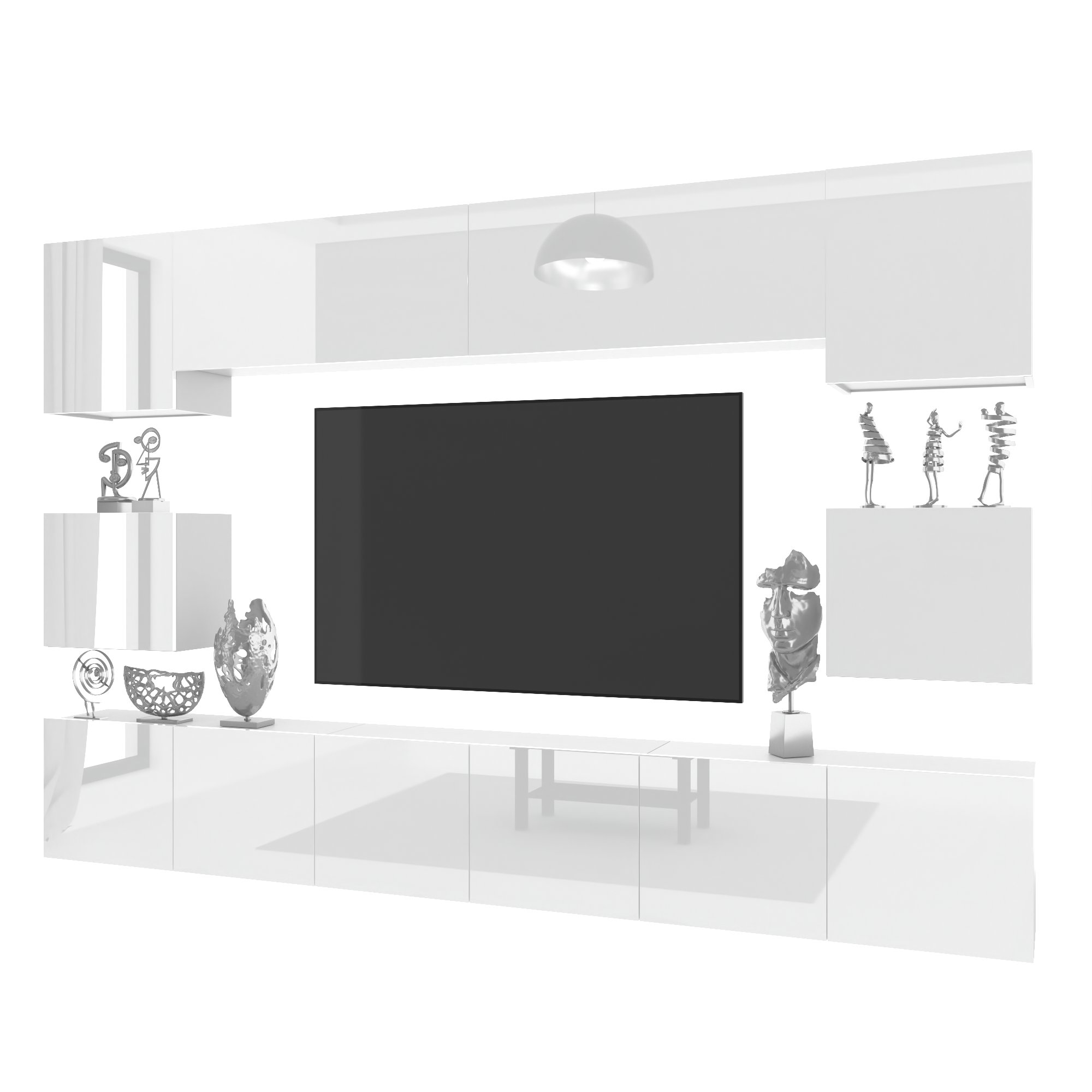 Set mobila living Milano Belini, alb, 9 dulapuri, 12 usi, 2 rafturi ...