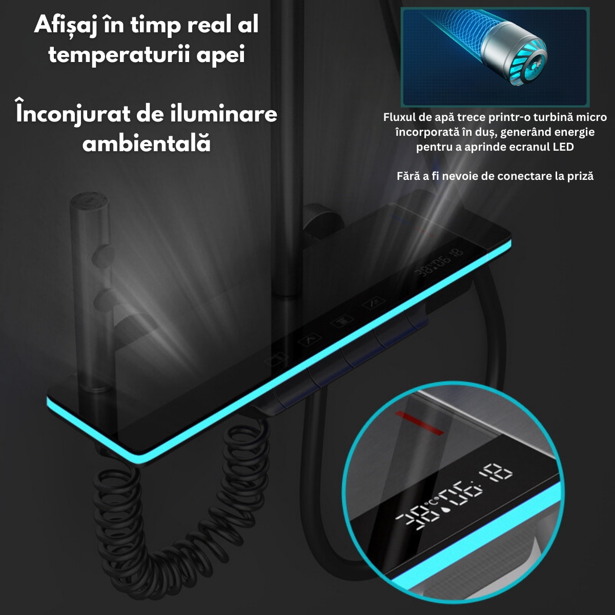 Set de dus cu Iluminare LED si afisaj Digital al Temperaturi, coloana ...