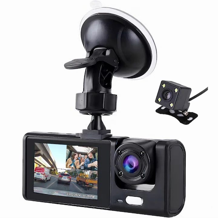 Camera video auto tripla de bord, WIFI, Full HD 1080P, 3 Lentile, Unghi ...