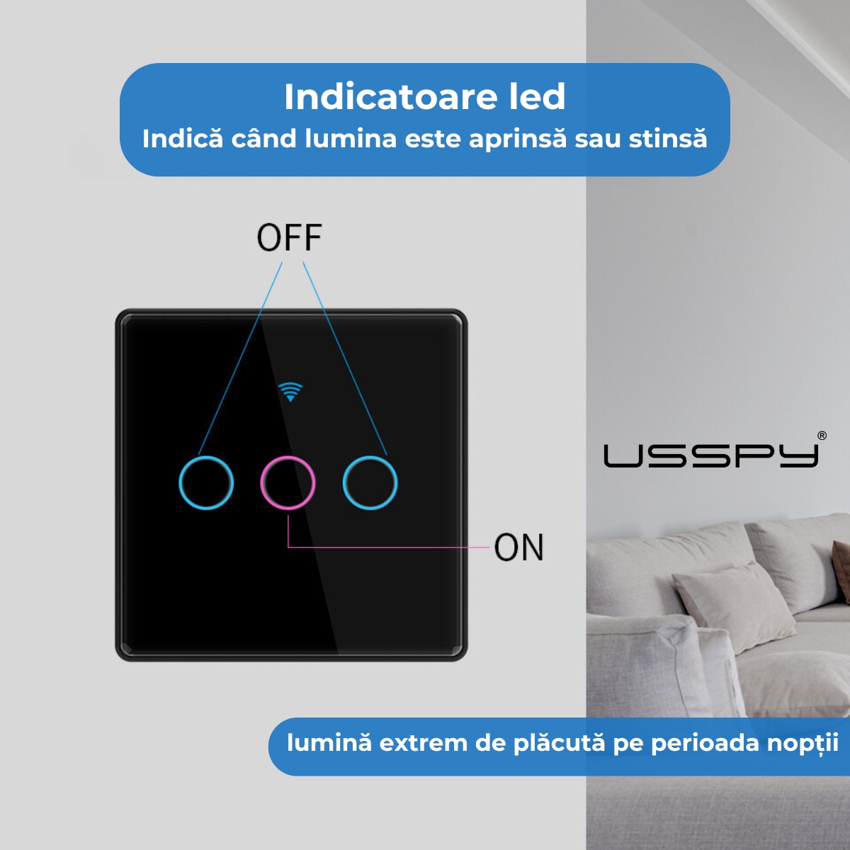 Intrerupator inteligent cu touch, USSPY®, smart home, Wifi, 1 canal ...