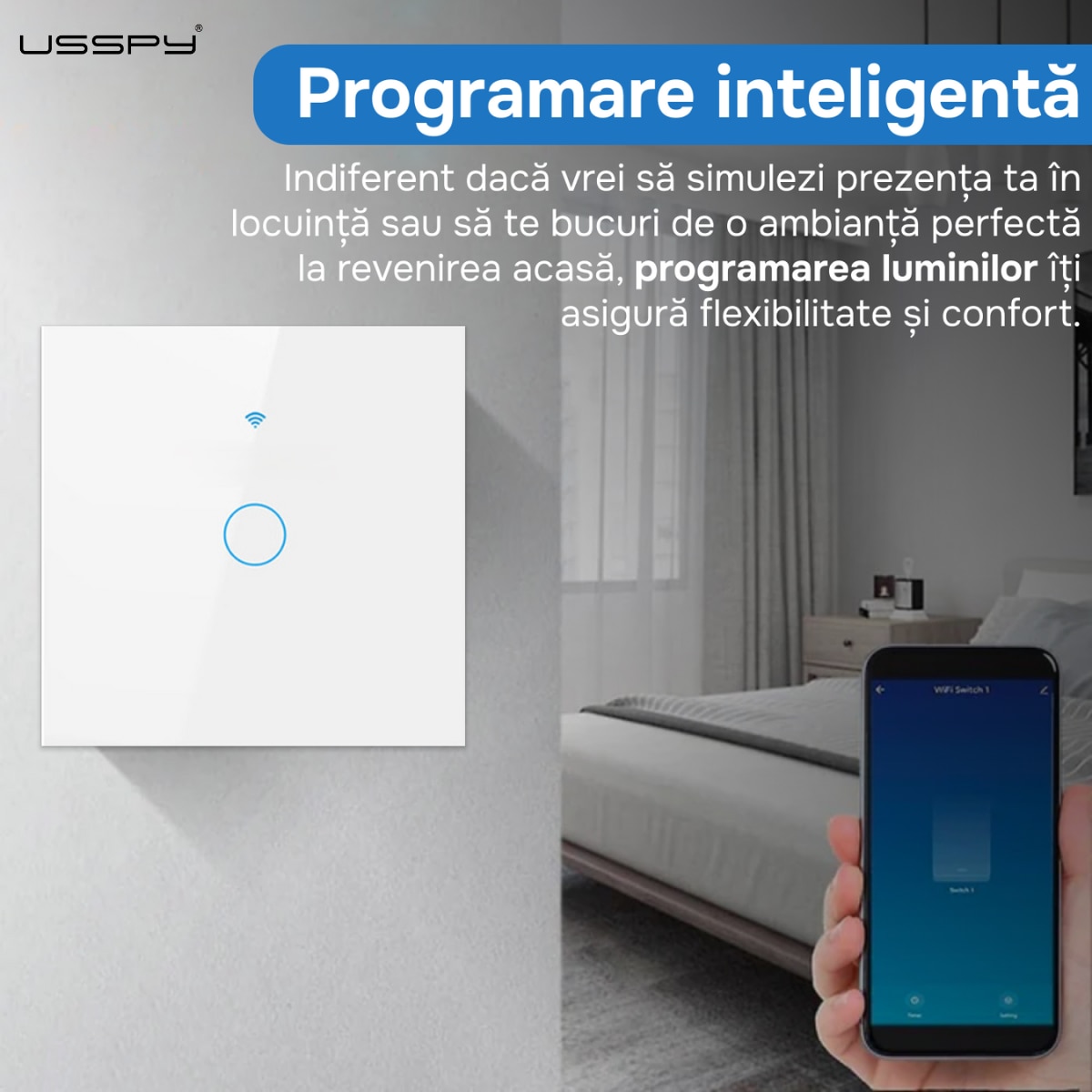 Intrerupator inteligent cu touch, USSPY®, smart home, Wifi, 3 canale ...