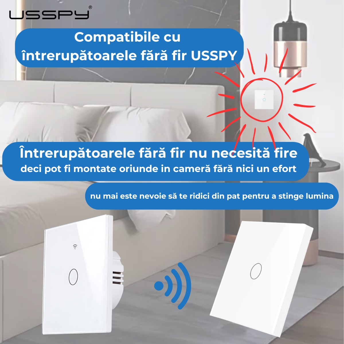 Intrerupator inteligent cu touch, USSPY®, smart home, Wifi, 1 canal ...