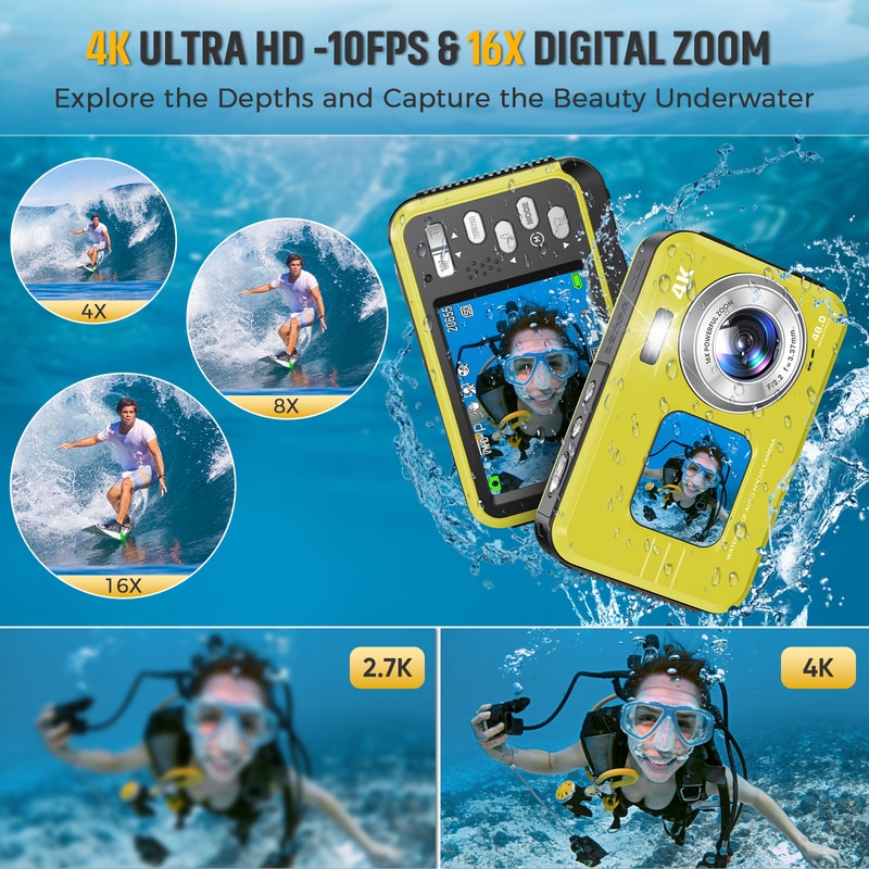 Camera subacvatica 4K HICSHON, 48MP, 11FT, ecran dual, compacta, Galben ...