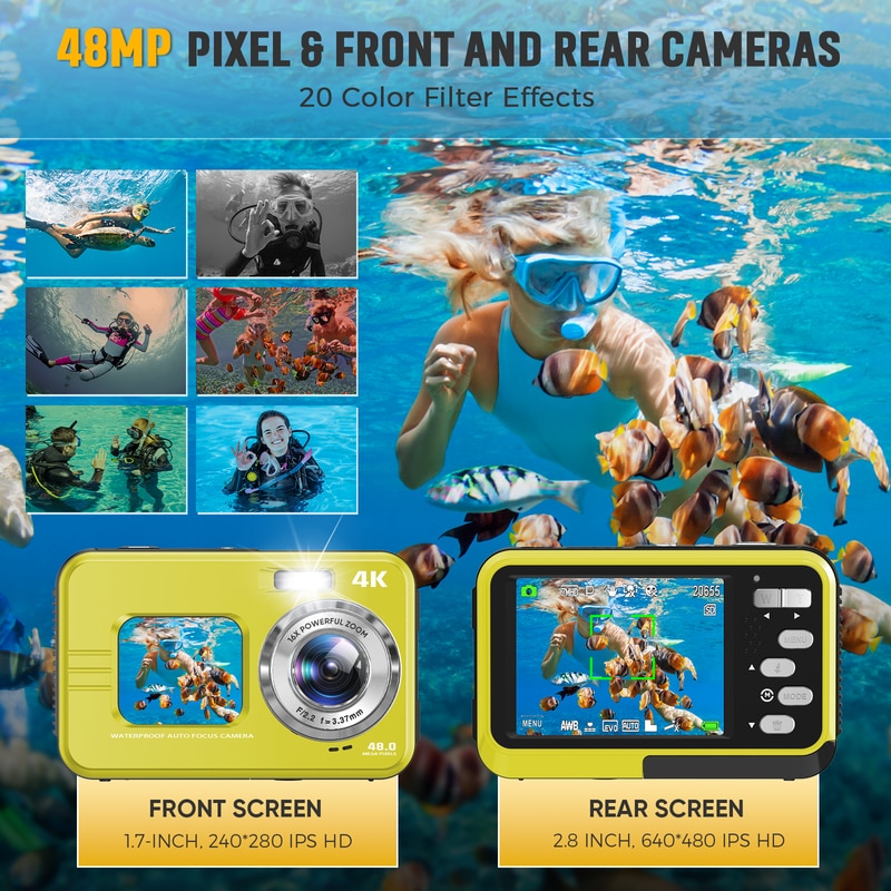 Camera subacvatica 4K HICSHON, 48MP, 11FT, ecran dual, compacta, Galben ...