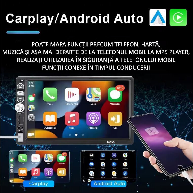MP5 Player universal Carplay si Android auto 1 Din, MaxTech®, display ...