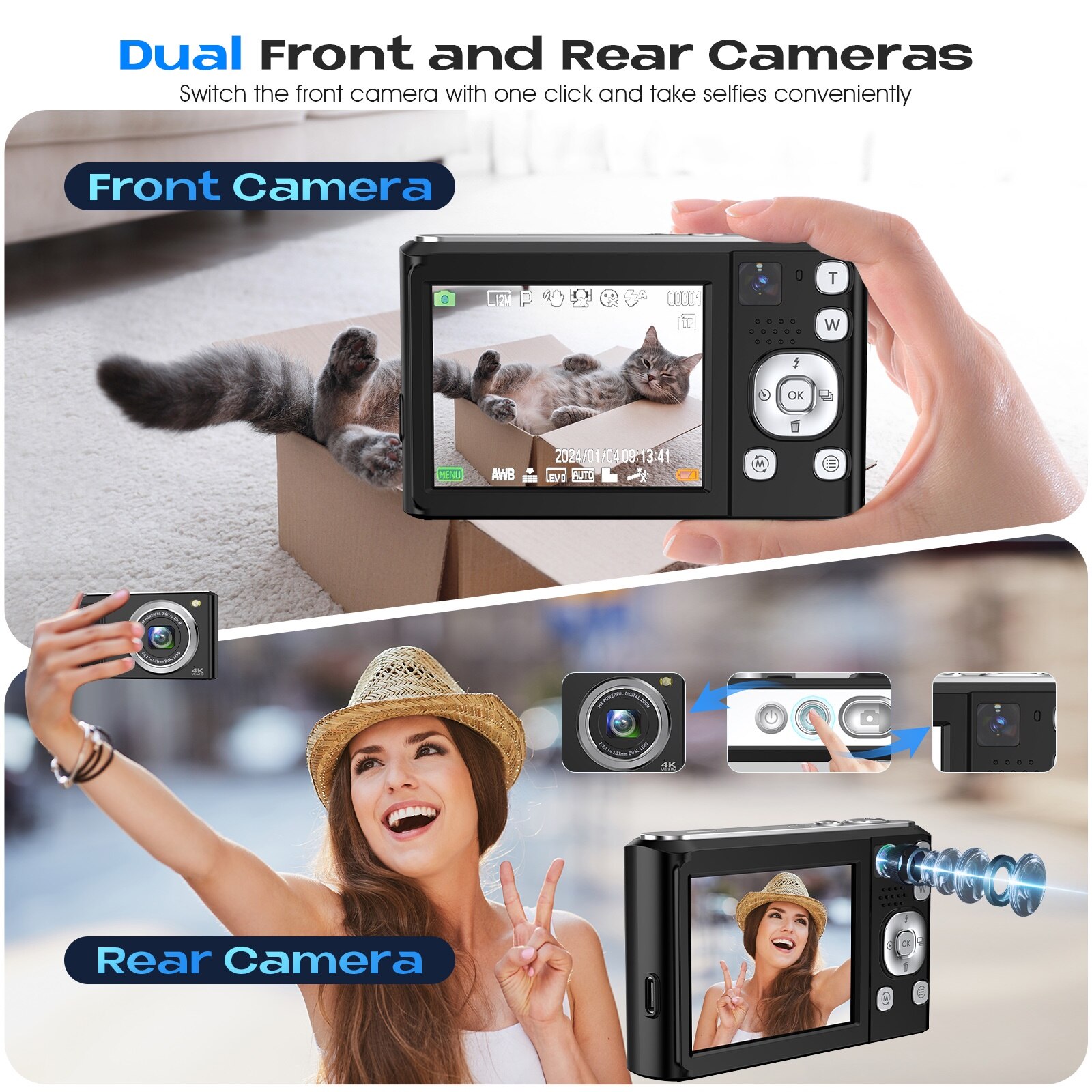 Aparate foto compacte HICSHON 48MP, 4K, zoom 16x, set complet cu card ...