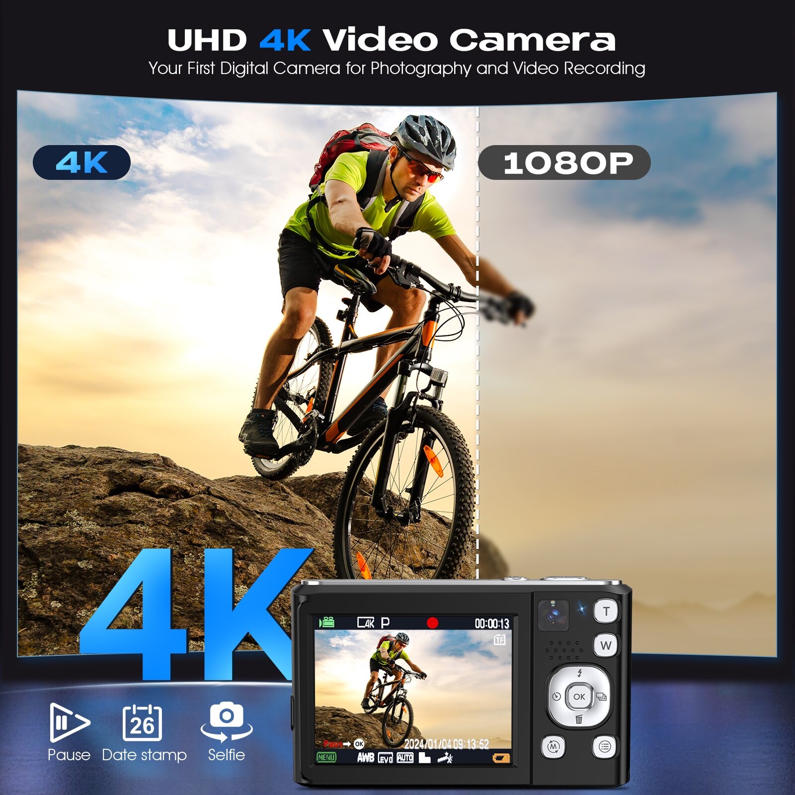 Aparate foto compacte HICSHON 48MP, 4K, zoom 16x, set complet cu card ...