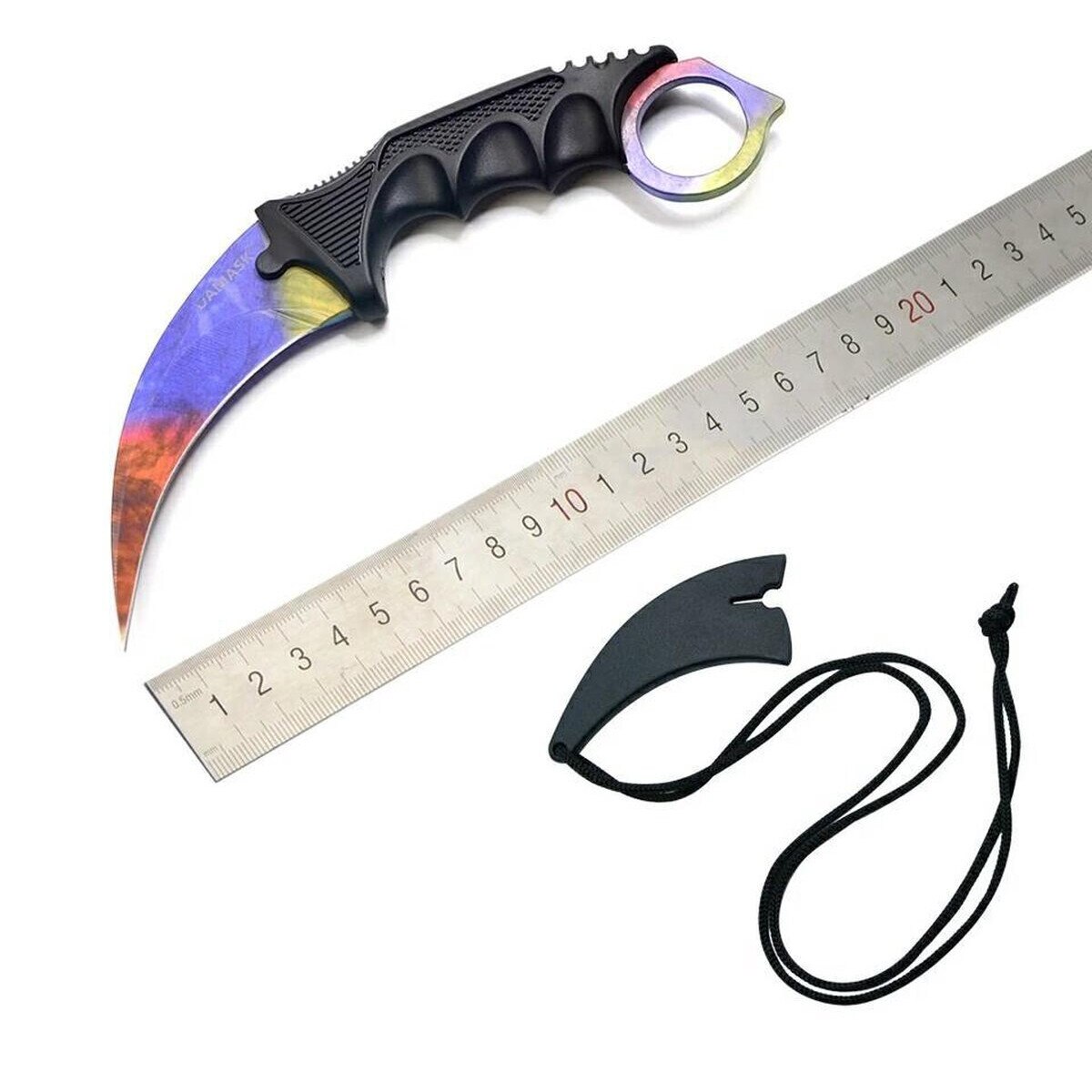 Cutit Karambit din otel cu teaca si snur de agatat, 19 cm, multicolor ...