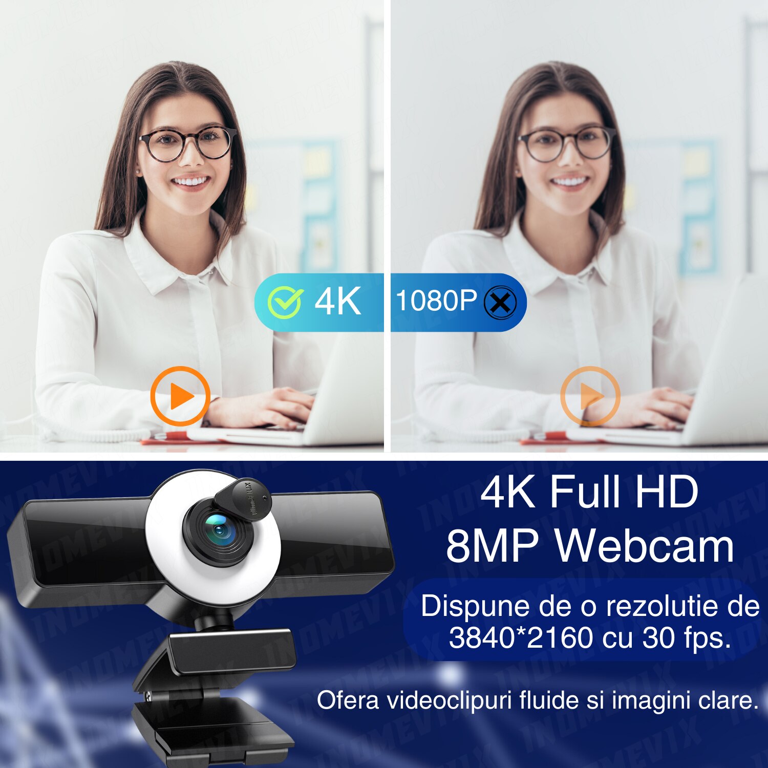 Camera Web INOMEVIX®, 4K Full HD, Webcam 8 MP, Microfon, Dual Stereo cu ...