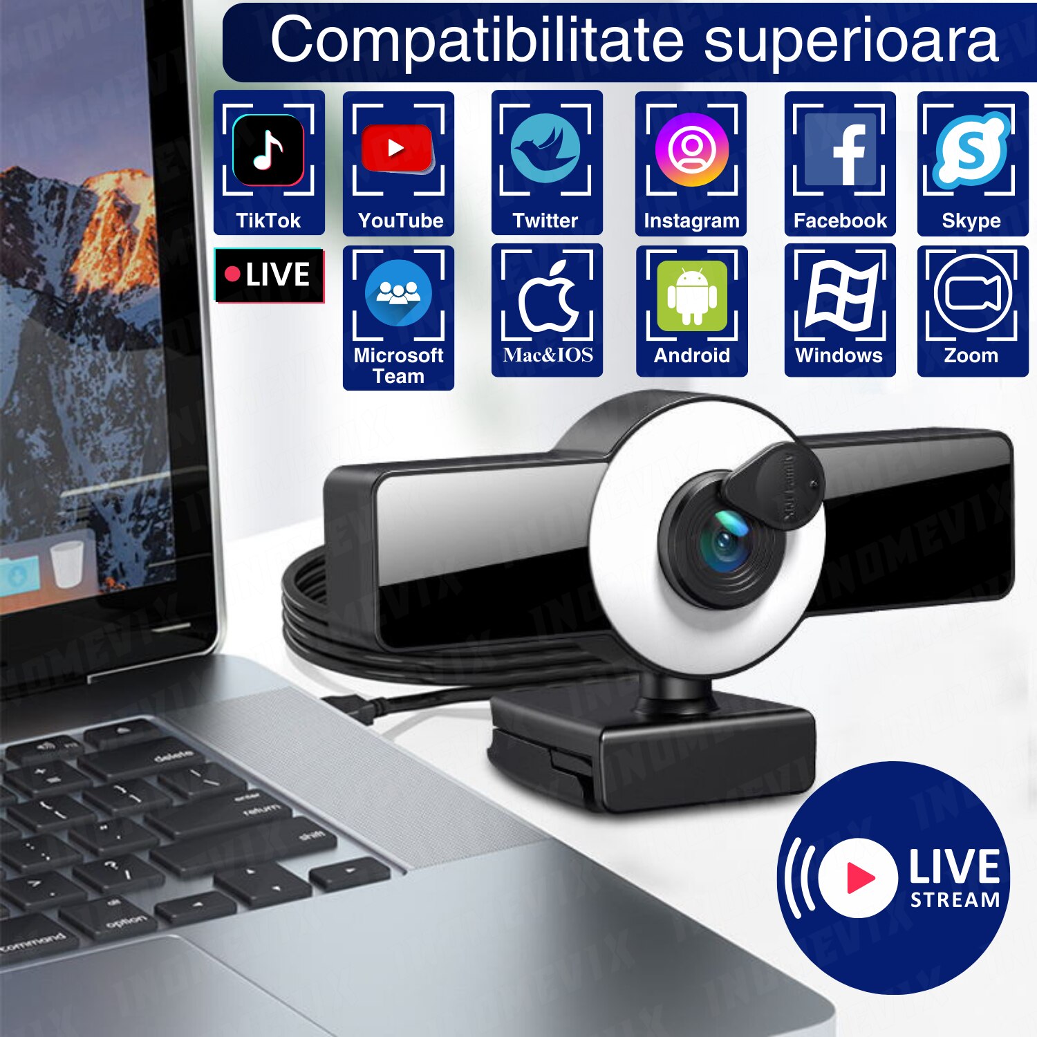 Camera Web INOMEVIX®, 4K Full HD, Webcam 8 MP, Microfon, Dual Stereo cu ...