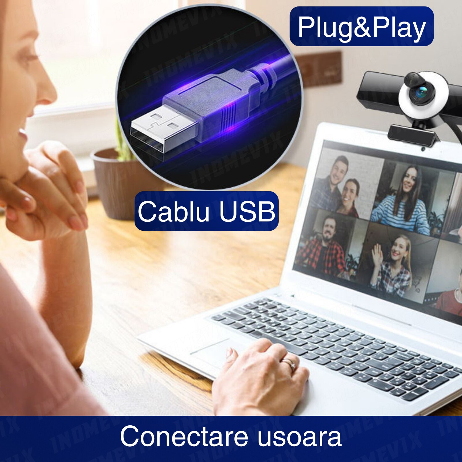 Camera Web INOMEVIX®, 4K Full HD, Webcam 8 MP, Microfon, Dual Stereo cu ...