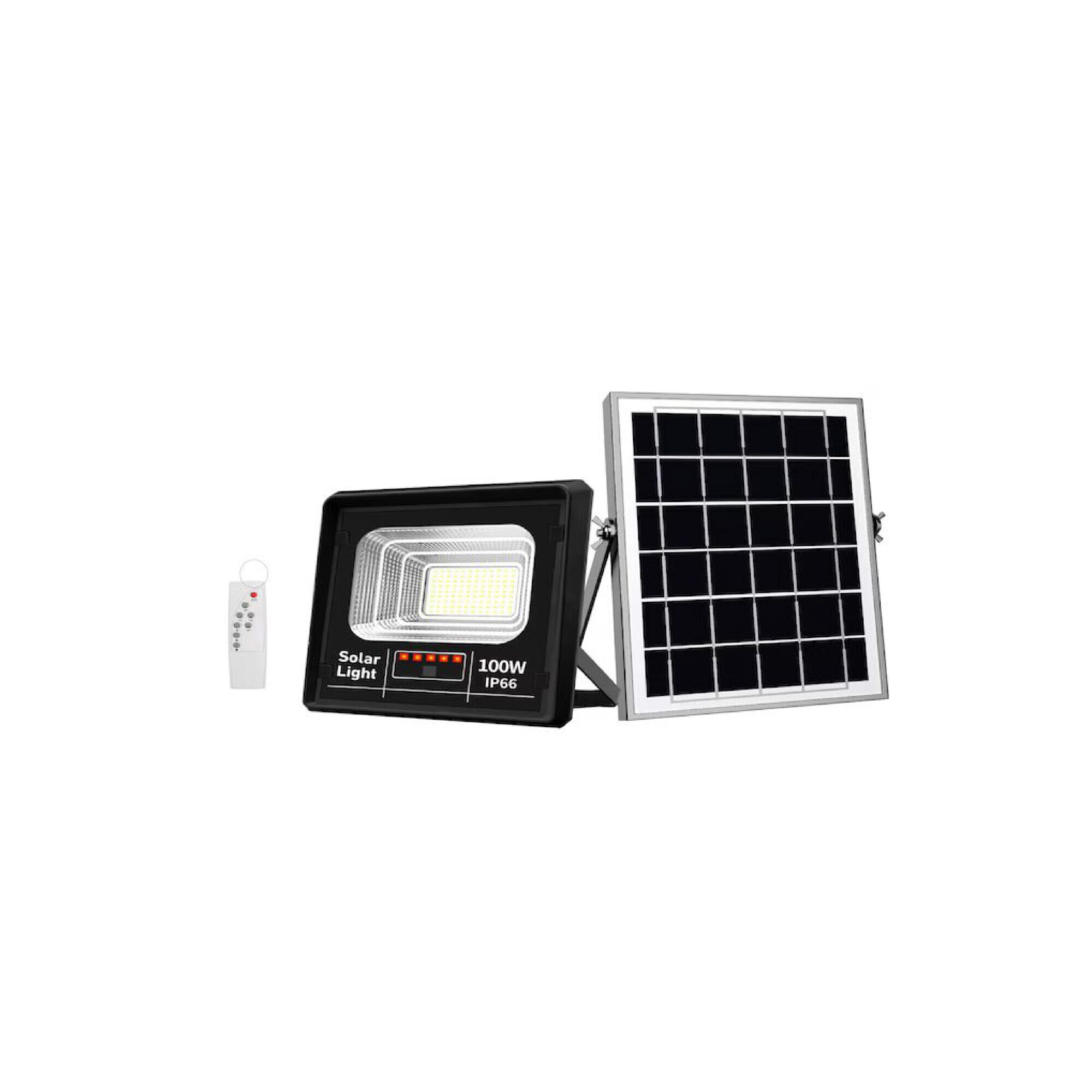 Proiector LED 100W 26x23cm cu panou solar, IP66, 6500K, telecomanda ...