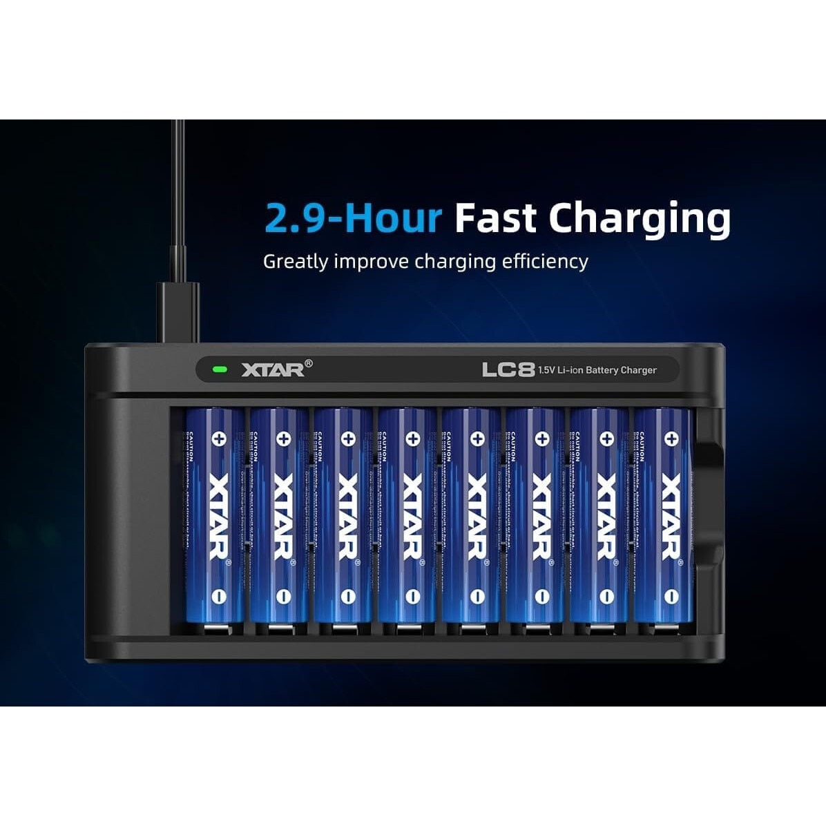 Incarcator cu 8 acumulatori AA, 1.5V, Li-Ion, 4150 mWh, 2500 mAh, Xtar ...