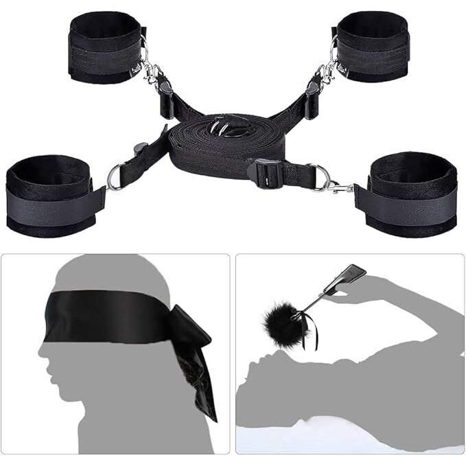 Set de Bondage BDSM, cu catuse pentru maini si glezne, masca si penita ...
