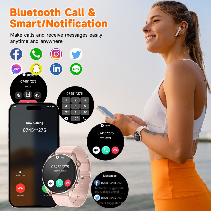 Ceas Smartwatch Dama, Techmoon®, Fitness, Sport, Apel Bluetooth, Ecran ...