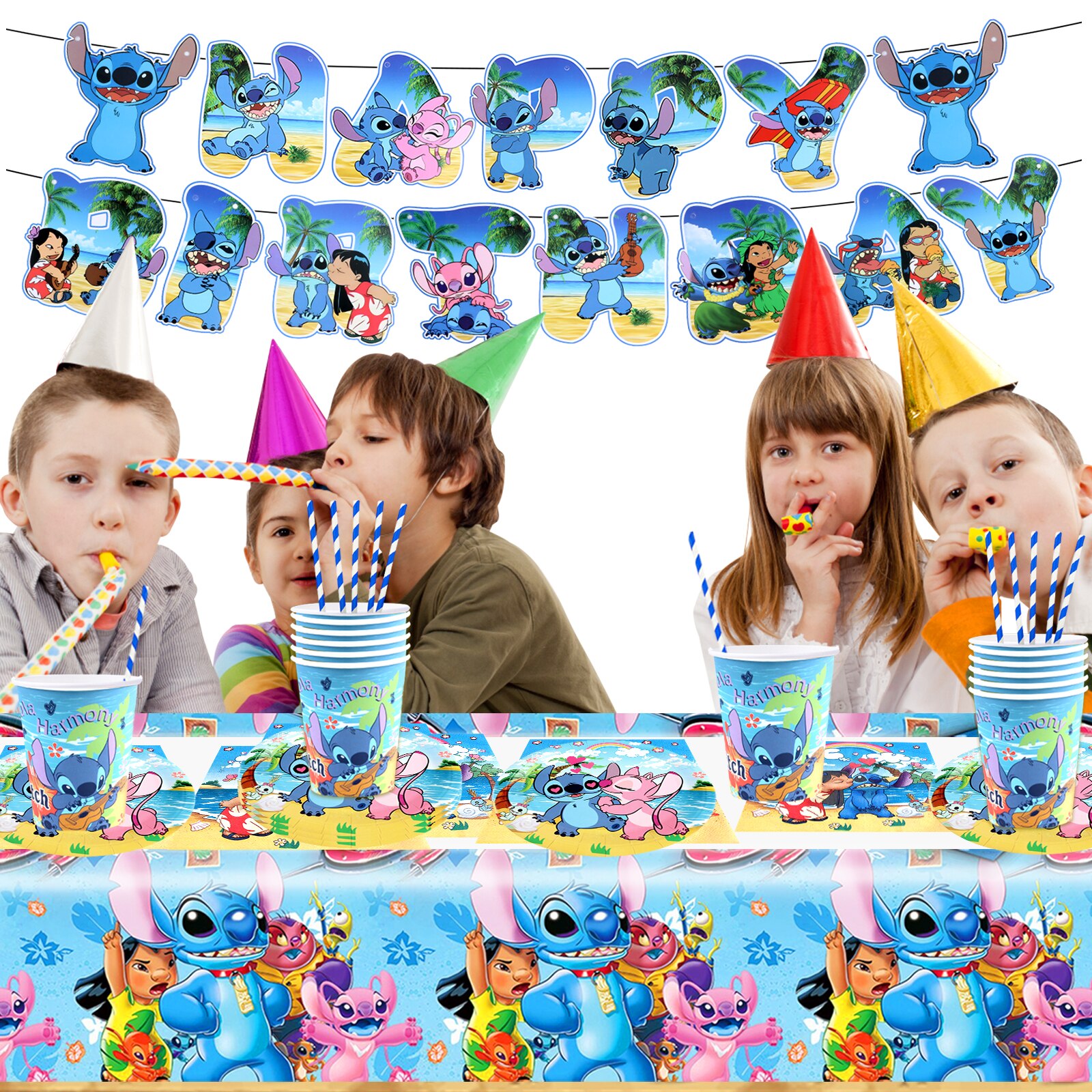 Set de vesela pentru petrecere Lilo and Stitch pentru 10 copii, banner ...
