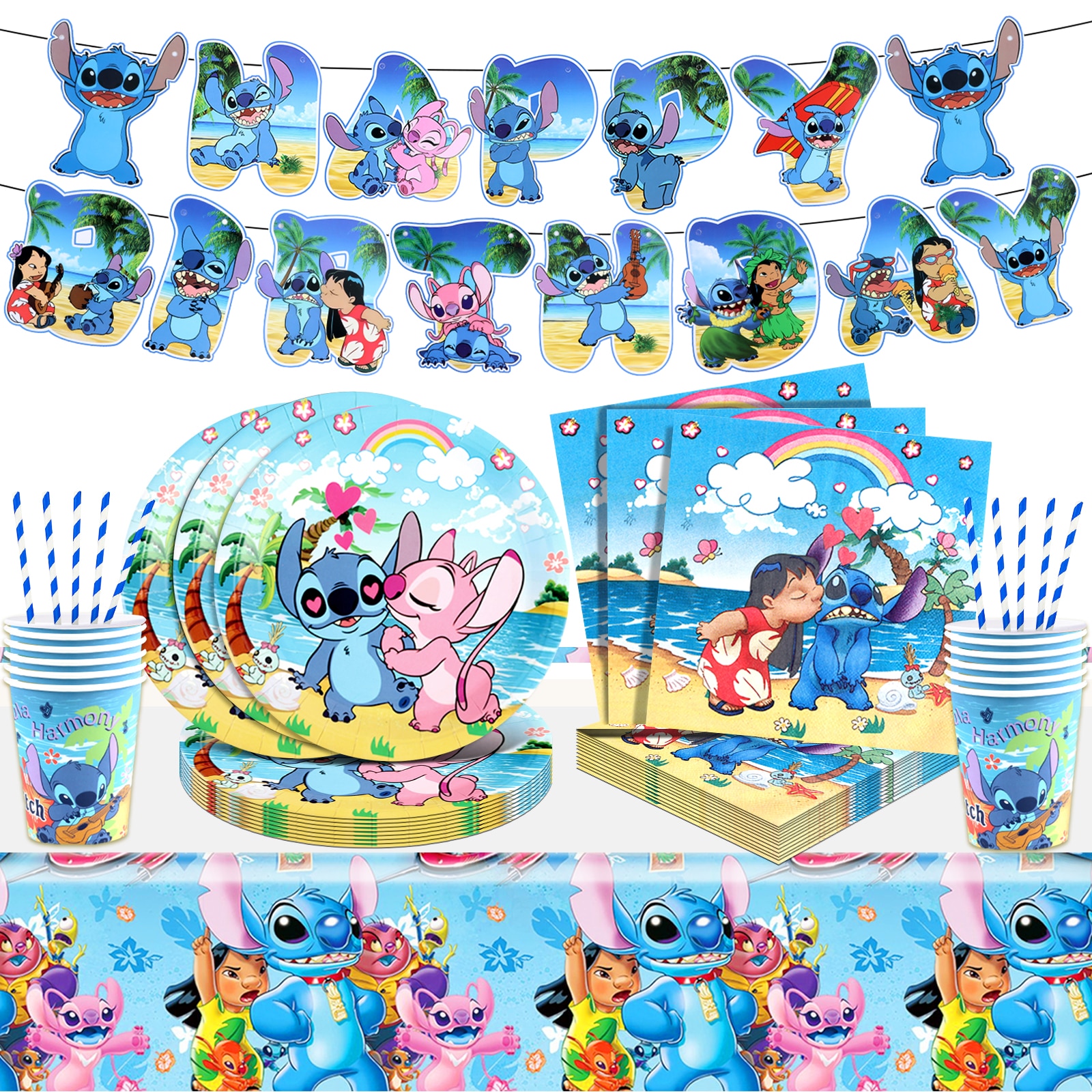 Set de vesela pentru petrecere Lilo and Stitch pentru 10 copii, banner ...
