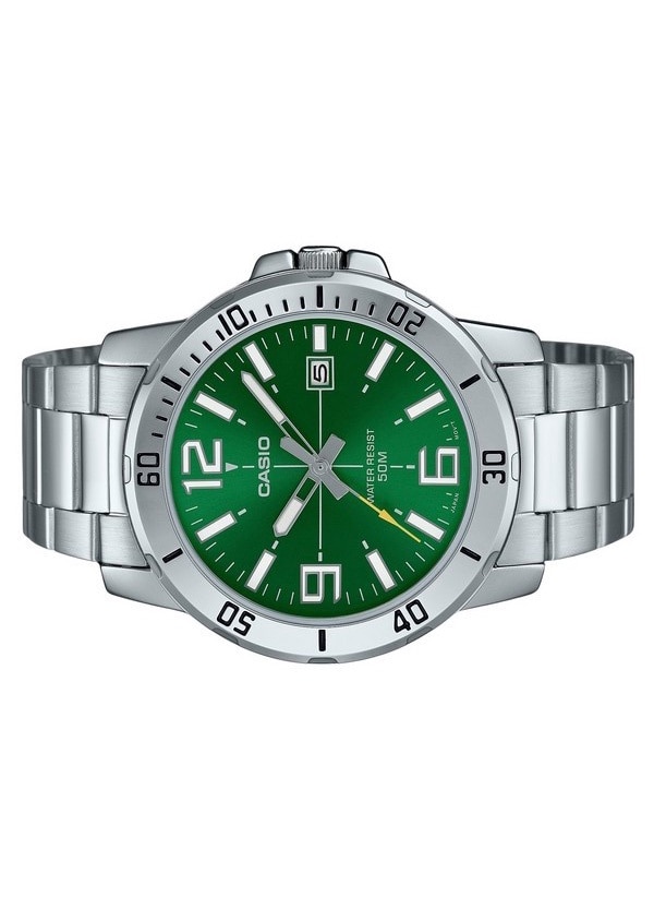 Ceas barbatesc Casio, analog, cadran verde, bratara din inox, 5 ATM ...